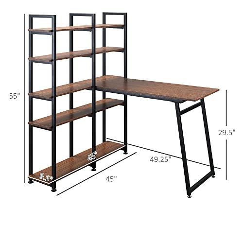 HOMCOM 5 Tier Versatile L-Shaped Computer Desk, Writing Table with Display Shelves and Metal Frame, Space-Saving for Study, Home Office, Walnut