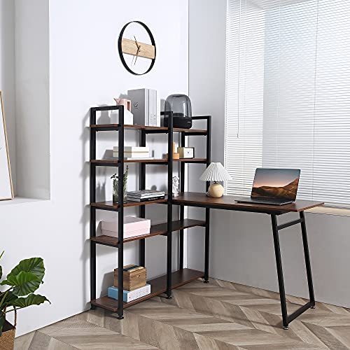 HOMCOM 5 Tier Versatile L-Shaped Computer Desk, Writing Table with Display Shelves and Metal Frame, Space-Saving for Study, Home Office, Walnut