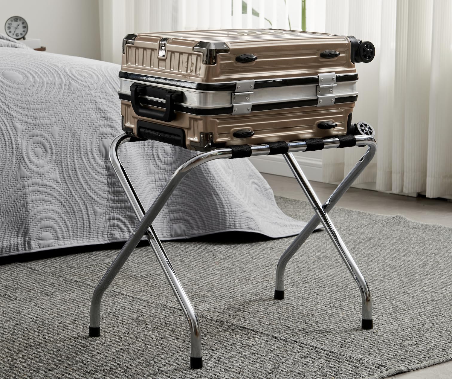Folding Luggage Rack for Guests - Luggage Rack for Guest Room with Metal Foldable Stand Nylon Belts & Rubber Feet for Stability, Heavy Duty Suitcase Stand for Suitcases, Must Have for Hotel & Bedroom