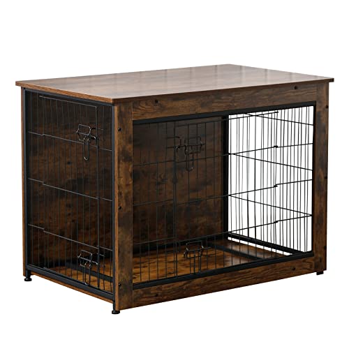 TABU Dog Crate Furniture, Wooden Dog Furniture End Table, Indoor Dog Kennel with Multi-Purpose Removable Tray, Double Door Dog Cage for Small/Medium Dogs,Rustic Brown,38" L