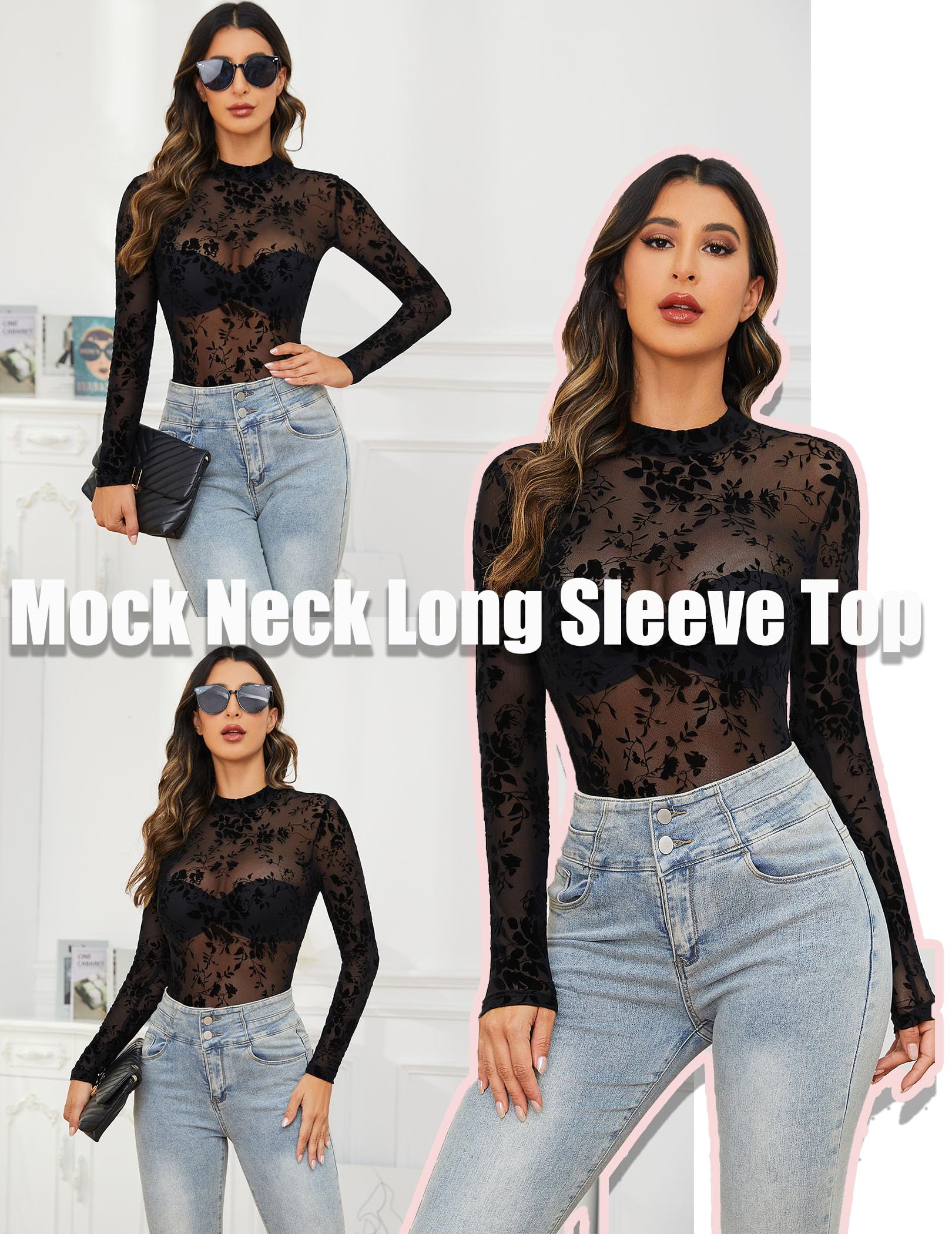 GAMISS Mesh Tops for Women Sheer Long Sleeve Mesh Tops Mock Neck Sexy Tops Black Floral L