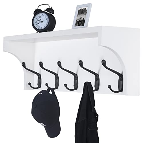 Dseap Wall Shelf with 5 Dual Hooks - 17-inch Heavy Duty Coat Rack Wall Mount with Shelf, Entryway Shelf with Hooks Underneath - Solid Pine Wood - for Entryway, Mudroom, Kitchen, Bathroom, White TEG02B
