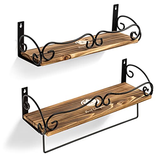 Masyl Floating Shelves Wall Mounted Set of 2, Rustic Wood Wall Shelves for Living Room Decor, Bathroom Organizer, Kitchen Storage, Home Décor, Made of Wood and Metal in Carbonized Brown Color