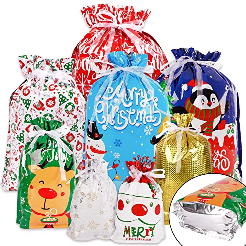Bowount Christmas Drawstring Gift Bags 43pcs Assorted Sizes Christmas Bags Wrapping Sacks Pouches Santa Goody Bags with Squared Bottom in 4 Sizes and 8 Designs for Xmas Holiday Presents Party Favor
