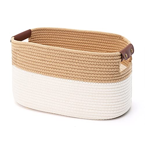 ECDYQXVU 1 Pack Cotton Rope Storage Baskets,15x10x9 in,Collapsible Storage Bins, Decorative Woven Basket Cube Storage Organizer for Nursery, Laundry, Towel, Clothes, Cosmetics, Books(White/Beige)