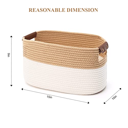 ECDYQXVU 1 Pack Cotton Rope Storage Baskets,15x10x9 in,Collapsible Storage Bins, Decorative Woven Basket Cube Storage Organizer for Nursery, Laundry, Towel, Clothes, Cosmetics, Books(White/Beige)