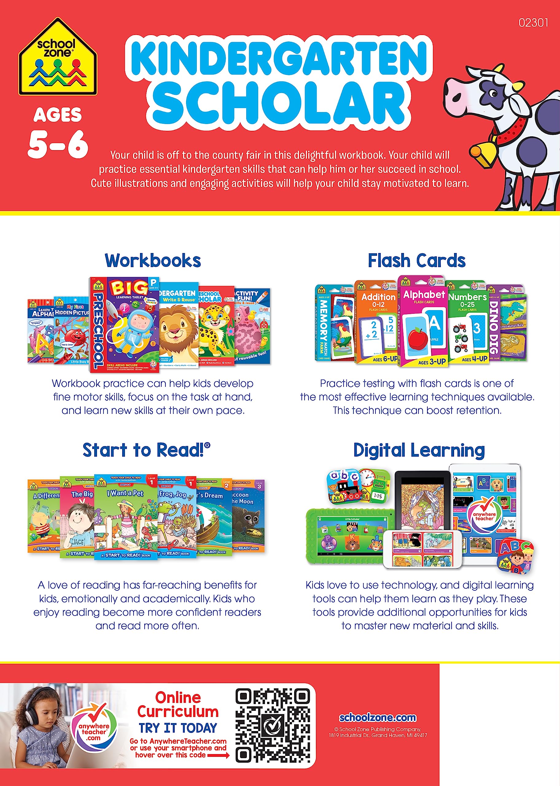 School Zone - Kindergarten Scholar Workbook - 64 Pages, Ages 5 to 6, Alphabet, Phonics, Shapes, Patterns, Counting, Addition & Subtraction, and More