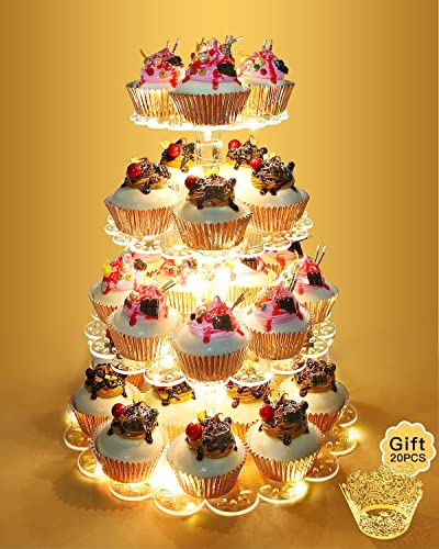 Sibeauty Cupcake Stand 4 Tier Round Acrylic Cupcake Display Stand with LED String Lights Cupcake Holder Stand Dessert Pastry Tower for Wedding Birthday Party