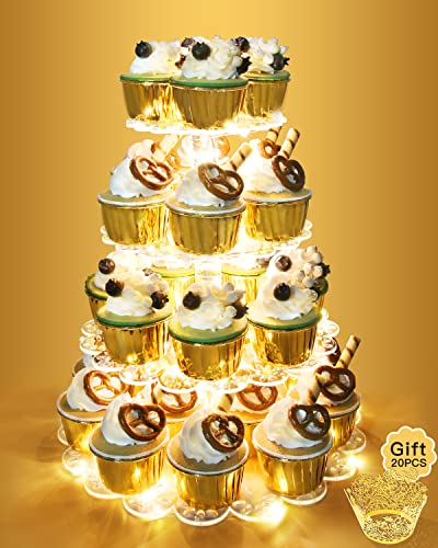Sibeauty Cupcake Stand 4 Tier Round Acrylic Cupcake Display Stand with LED String Lights Cupcake Holder Stand Dessert Pastry Tower for Wedding Birthday Party
