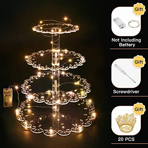 Sibeauty Cupcake Stand 4 Tier Round Acrylic Cupcake Display Stand with LED String Lights Cupcake Holder Stand Dessert Pastry Tower for Wedding Birthday Party