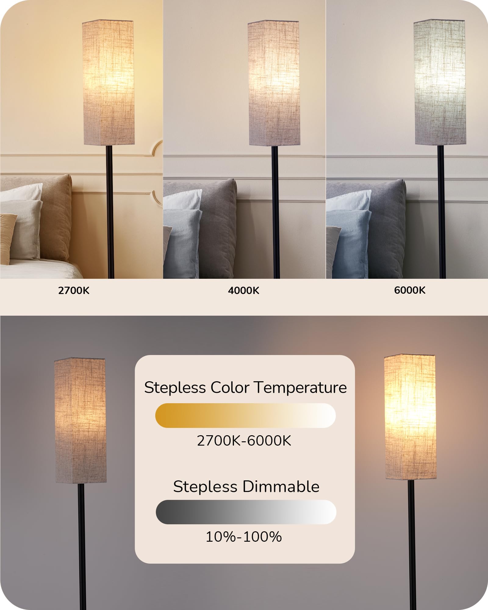 EDISHINE Modern Corner Floor Lamp, 65" Minimalist Pole Lamp with Remote, Dimmable Tall Reading Light for Living Room, Bedroom, Office, 9W LED Bulb Included (Black)