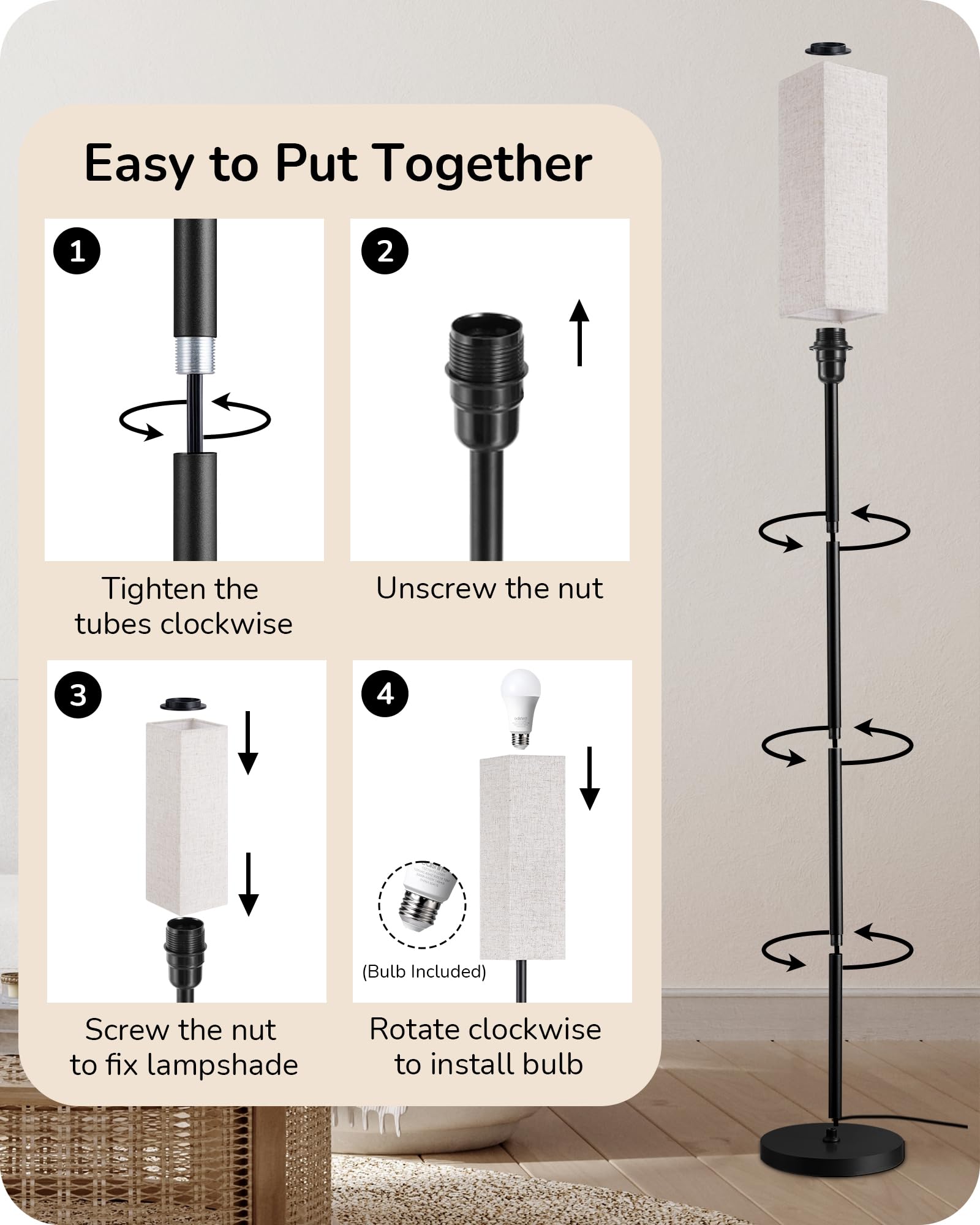 EDISHINE Modern Corner Floor Lamp, 65" Minimalist Pole Lamp with Remote, Dimmable Tall Reading Light for Living Room, Bedroom, Office, 9W LED Bulb Included (Black)