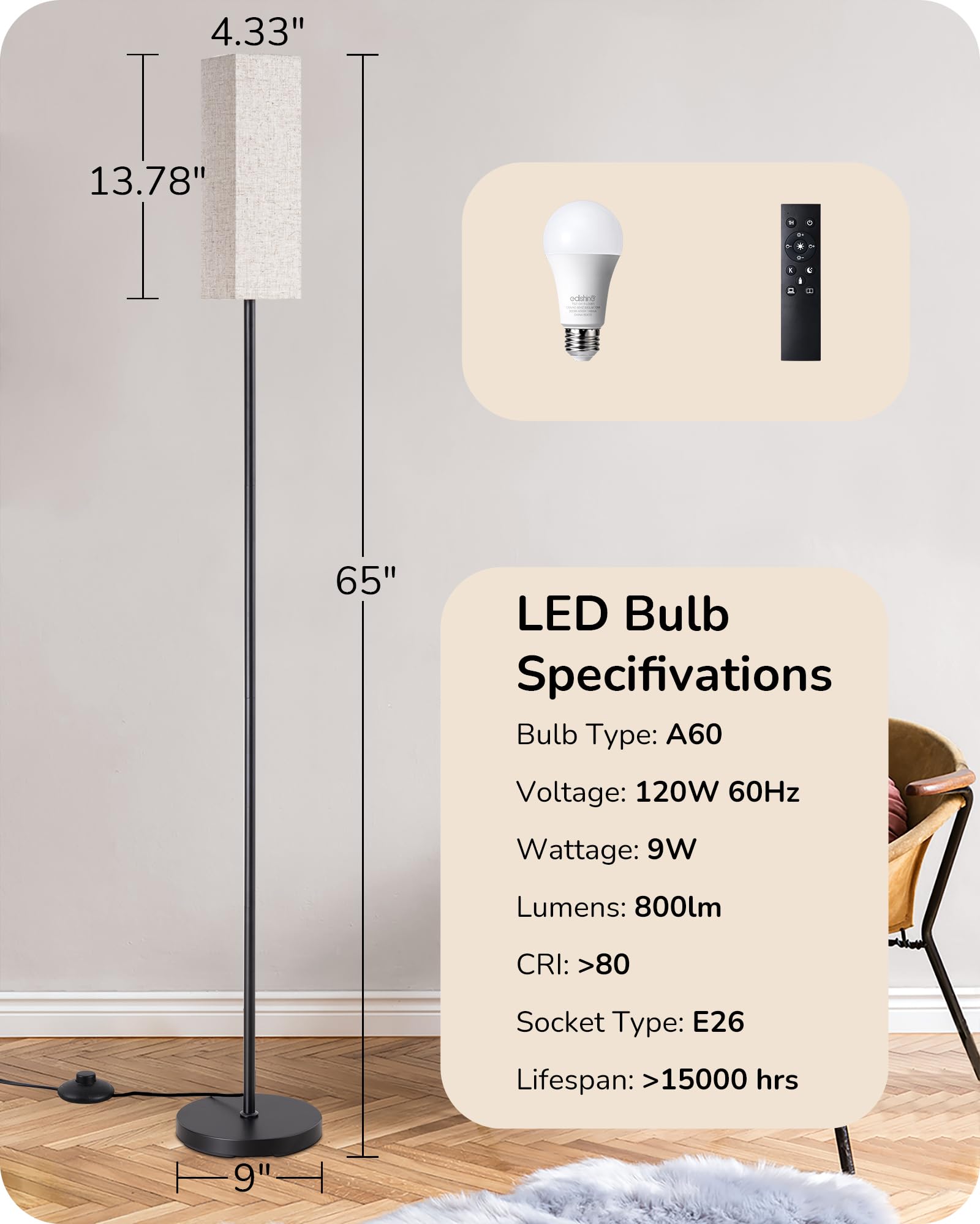 EDISHINE Modern Corner Floor Lamp, 65" Minimalist Pole Lamp with Remote, Dimmable Tall Reading Light for Living Room, Bedroom, Office, 9W LED Bulb Included (Black)