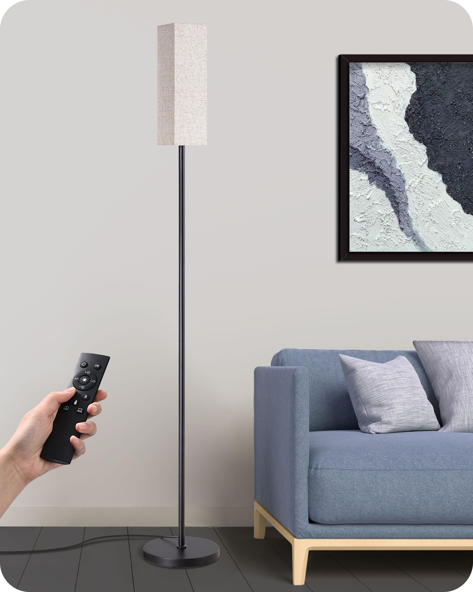 EDISHINE Modern Corner Floor Lamp, 65" Minimalist Pole Lamp with Remote, Dimmable Tall Reading Light for Living Room, Bedroom, Office, 9W LED Bulb Included (Black)