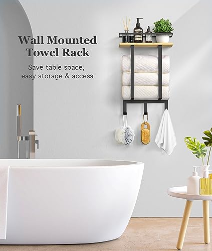 Luxspire Towel Racks Wall Mounted for Bathroom, Towel Holder Wall Mounted with Wooden Floating Shelf & 3 Metal Hooks, Rolled Bath Towel and Hand Towel Rack for Bathroom, Black + Wooden