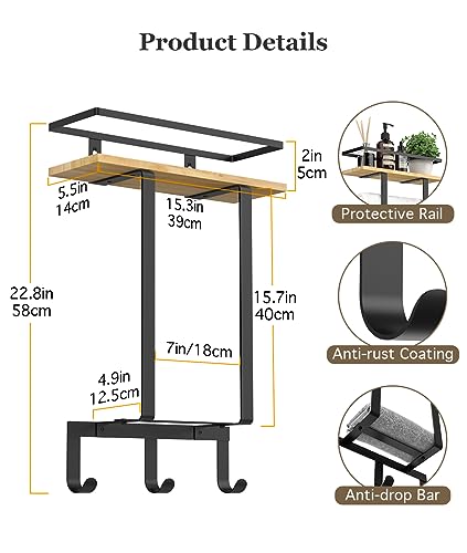 Luxspire Towel Racks Wall Mounted for Bathroom, Towel Holder Wall Mounted with Wooden Floating Shelf & 3 Metal Hooks, Rolled Bath Towel and Hand Towel Rack for Bathroom, Black + Wooden