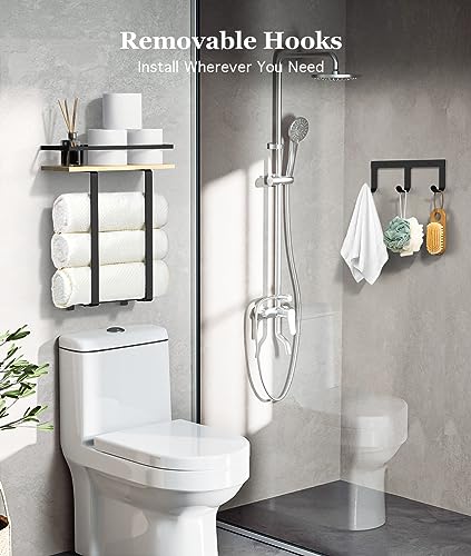 Luxspire Towel Racks Wall Mounted for Bathroom, Towel Holder Wall Mounted with Wooden Floating Shelf & 3 Metal Hooks, Rolled Bath Towel and Hand Towel Rack for Bathroom, Black + Wooden
