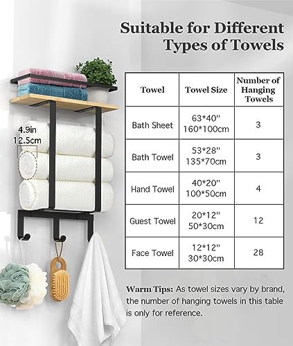 Luxspire Towel Racks Wall Mounted for Bathroom, Towel Holder Wall Mounted with Wooden Floating Shelf & 3 Metal Hooks, Rolled Bath Towel and Hand Towel Rack for Bathroom, Black + Wooden
