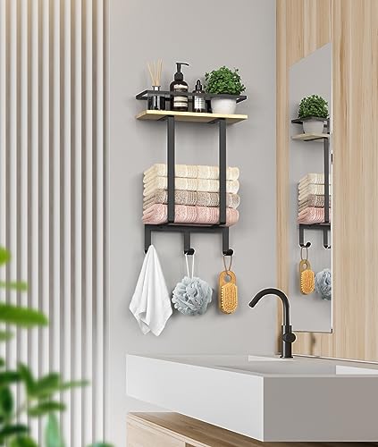 Luxspire Towel Racks Wall Mounted for Bathroom, Towel Holder Wall Mounted with Wooden Floating Shelf & 3 Metal Hooks, Rolled Bath Towel and Hand Towel Rack for Bathroom, Black + Wooden