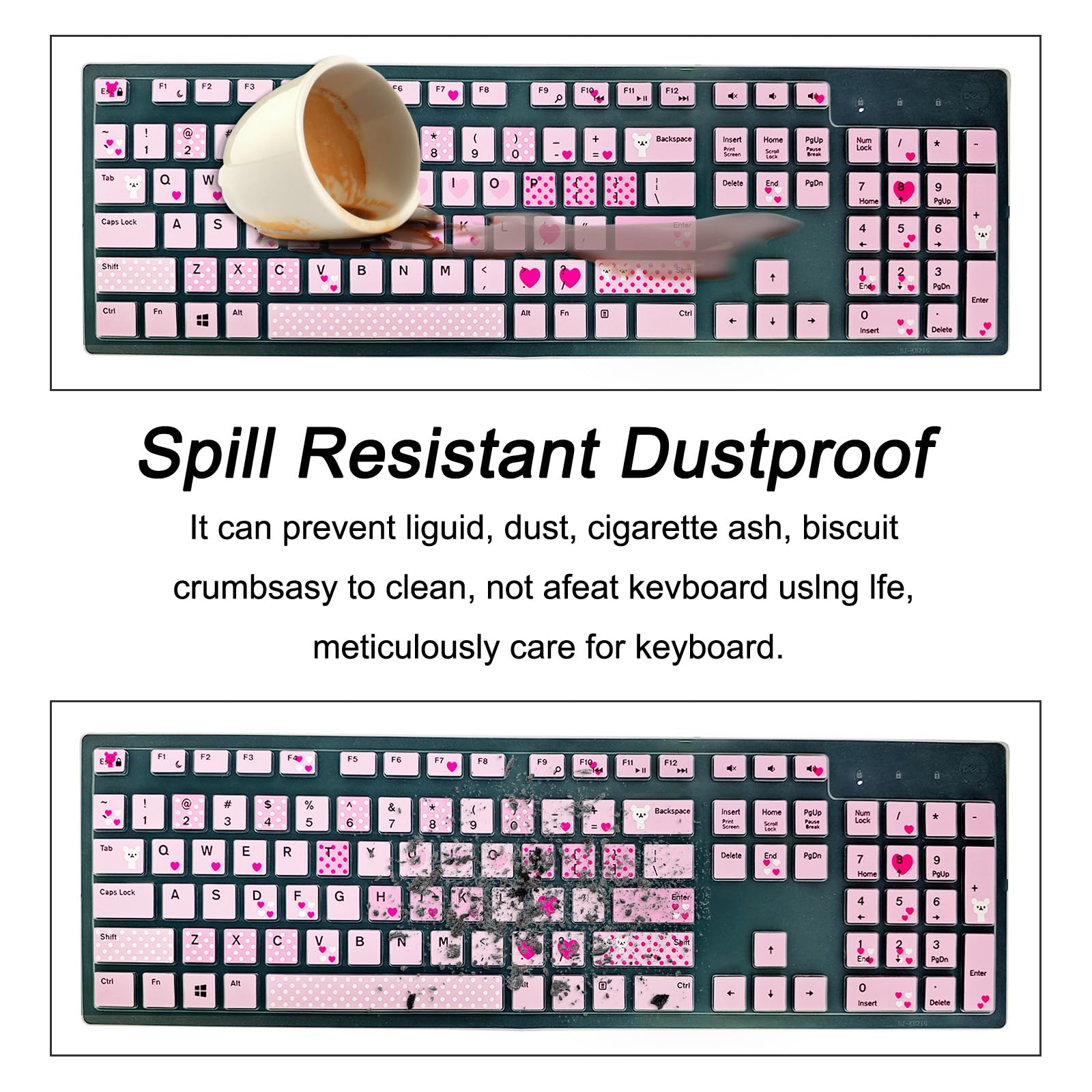 YongMai Keyboard Covers for Dell KM636 KB216 Wireless Wired Keyboards, Dell Optiplex 5250 3050 3240 5460 7450 7050/Dell Inspiron AIO 3475 3670 3477 Silicone Desktop Computer Keyboard Skins (Love Bear)