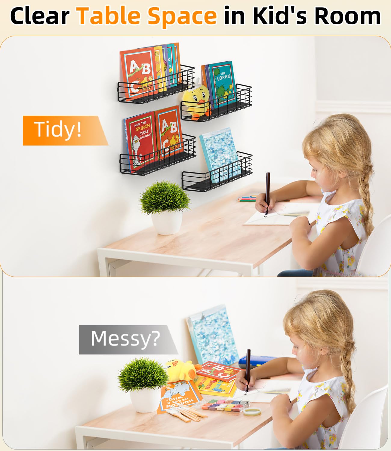 PrimZooty Kids Bookshelf - 2PACK, Black, 4.1" D x 16" W x 3.2" H, Metal Book Shelf for Wall, Versatile Floating Bookshelf for Nursery Toddler Classroom Bedroom, Kitchen, Pantry, Room Décor
