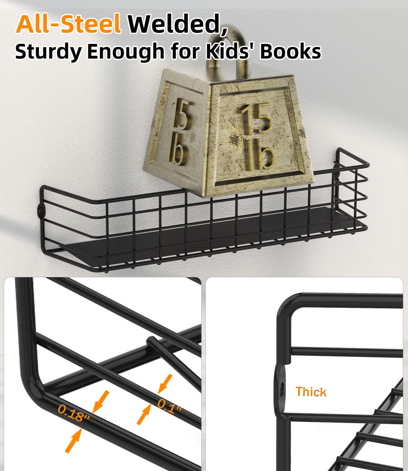 PrimZooty Kids Bookshelf - 2PACK, Black, 4.1" D x 16" W x 3.2" H, Metal Book Shelf for Wall, Versatile Floating Bookshelf for Nursery Toddler Classroom Bedroom, Kitchen, Pantry, Room Décor