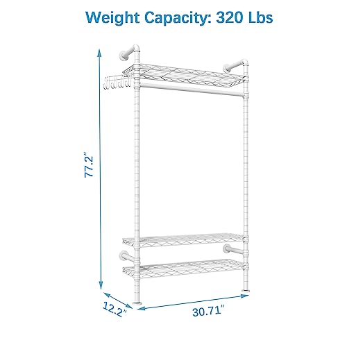 Timate F1 Pipe Clothes Rack Wall Mount Heavy Duty Closet Organizer System Hanging Closet Rack for Clothes, Closet Kit Walk in Closet Systems, Adjustable Storage Closet Shelves Wardrobe Closet, White
