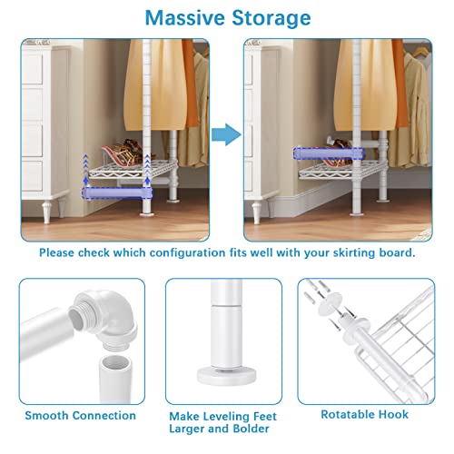 Timate F1 Pipe Clothes Rack Wall Mount Heavy Duty Closet Organizer System Hanging Closet Rack for Clothes, Closet Kit Walk in Closet Systems, Adjustable Storage Closet Shelves Wardrobe Closet, White