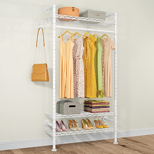 Timate F1 Pipe Clothes Rack Wall Mount Heavy Duty Closet Organizer System Hanging Closet Rack for Clothes, Closet Kit Walk in Closet Systems, Adjustable Storage Closet Shelves Wardrobe Closet, White