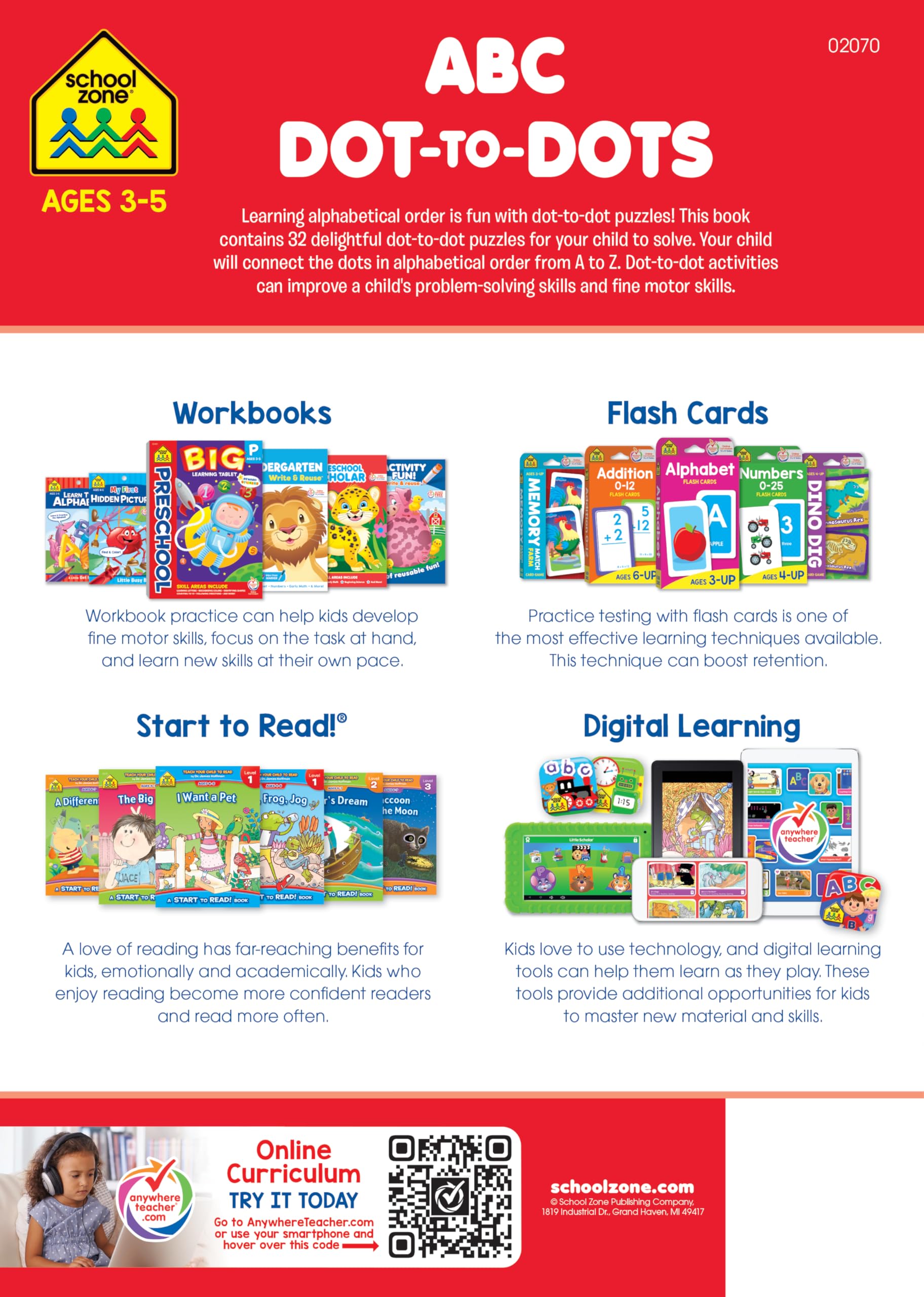 School Zone - ABC Dot-to-Dots Workbook - 32 Pages, Ages 3 to 5, Preschool, Kindergarten, Connect the Dots, Alphabet, Letter Puzzles, and More (School Zone Get Ready!™ Activity Book Series)