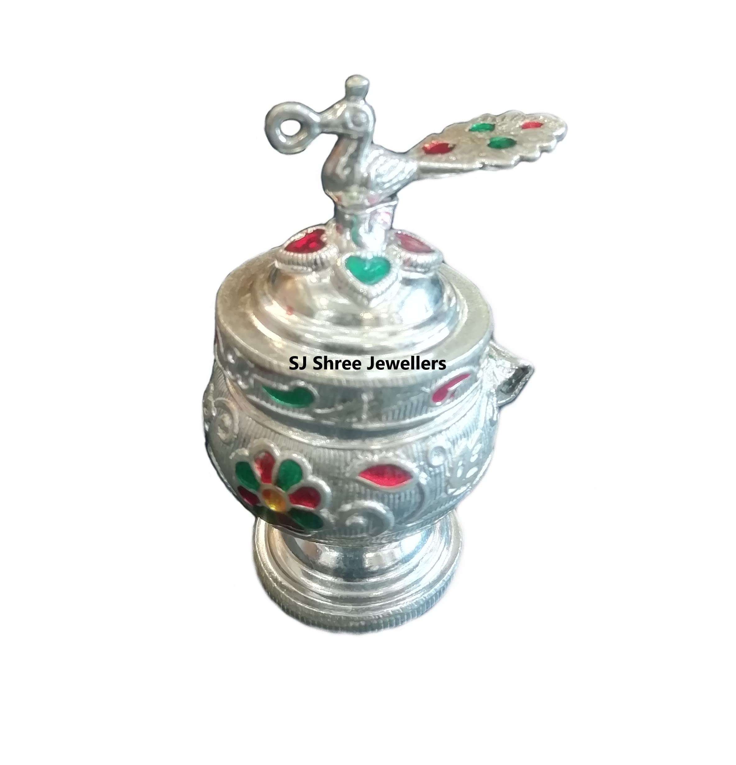 shree jewellers SJ Pure Silver Designer Meenakari Sindoor Dabbi with Peacock Design Lid, Pooja Items for Home, KumKum Round Box Spiritual Gift Item ~ Small Size 5.2 x 3 cm