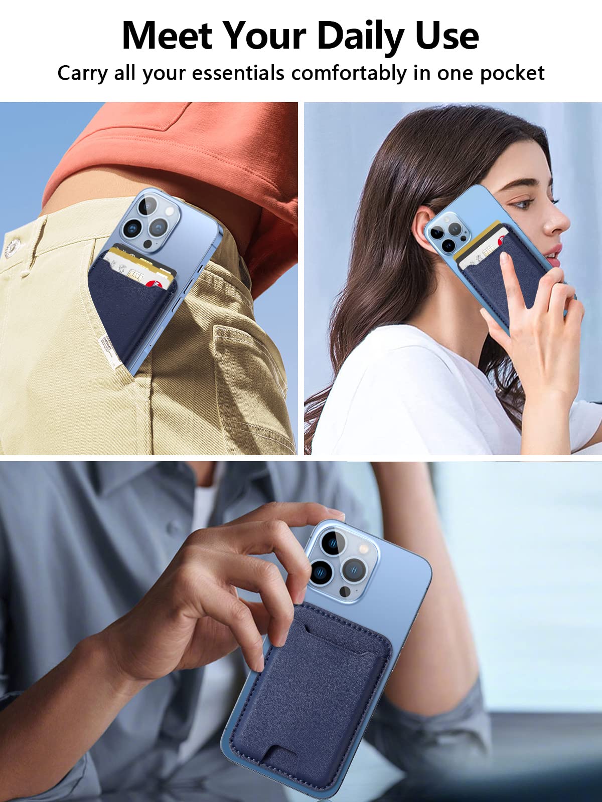 TopMade for Magsafe Wallet, Magnetic Wallet Card Holder for iPhone 16/16 Pro, iPhone 15/14/13/12 Series, Leather Magnetic Phone Wallet with Powerful Magnet, RFID Blocking, Fit 4 Cards, Blue
