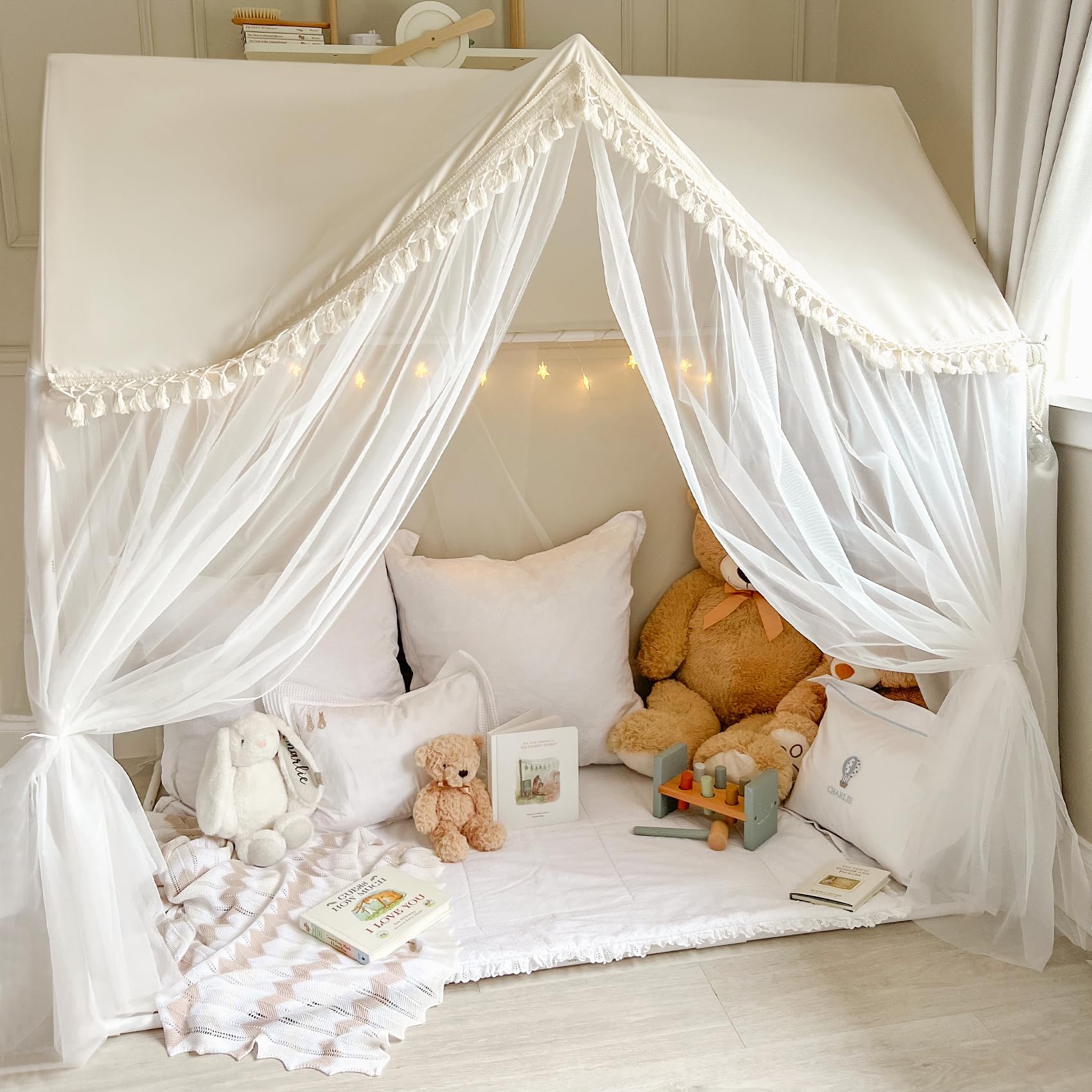 Kids Play Tent with Mesh, Kids Indoor & Outdoor, Boho Playhouse with Floor Piece and Star Lights for Kids Girls Boys, Large Toddler Tent, Washable Breathable Neutral Color, 52" x 35" x 53"