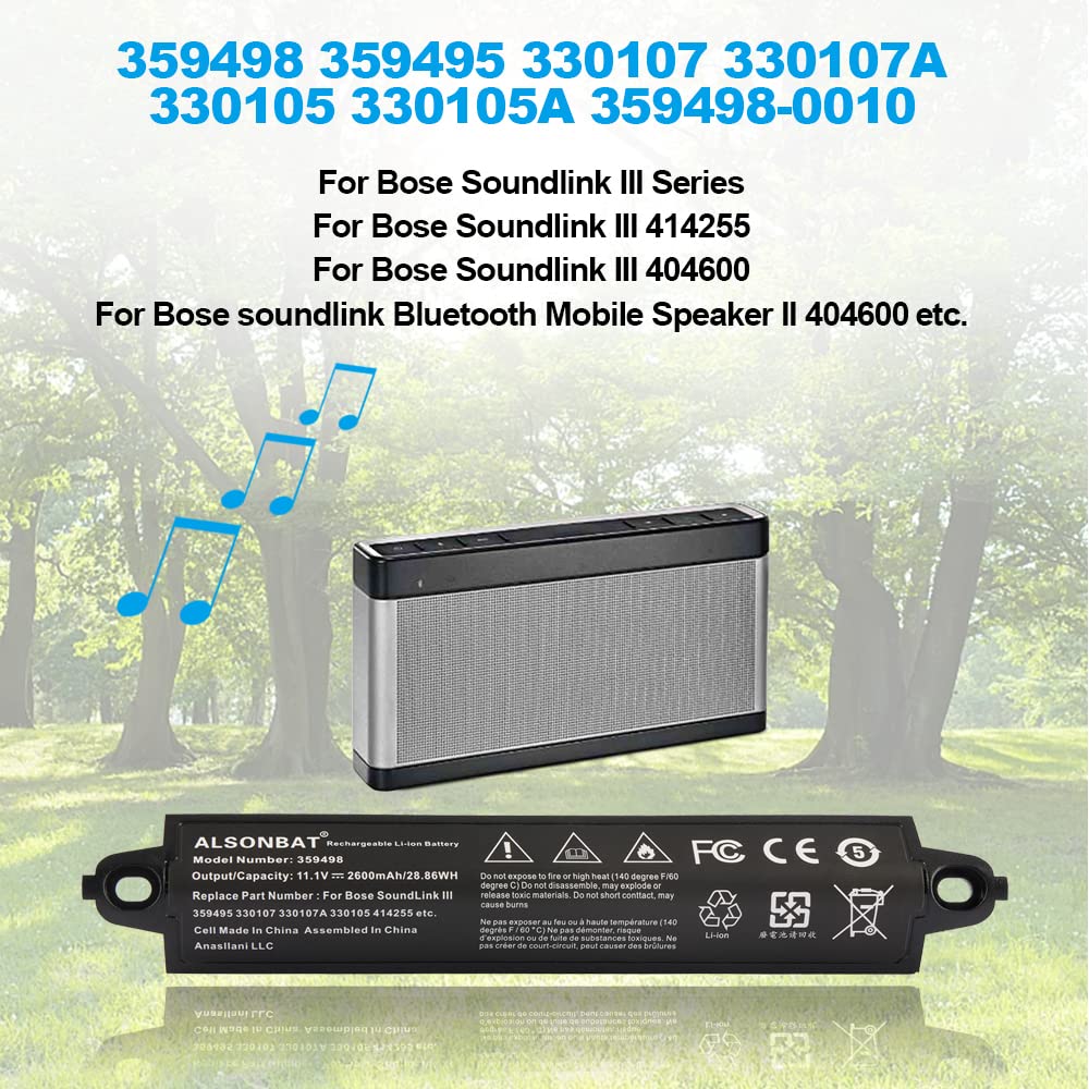 ALSONBAT Replacement Battery for Bose 404600, Soundlink 3/III 359498 33010 330107 330107A 359495 Bose Soundlink Mobile Speaker II, Battery for Bose Soundlink 11.4V 2600mAh/28.86Wh