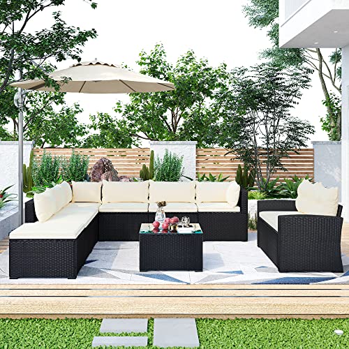 EPOFIT 9 Pieces Wicker Patio Furniture Sets, All-Weather Outdoor Sectional Couch, PE Rattan Patio Sofa Conversation Sets with Cushions and Glass Top Table, Black & Beige