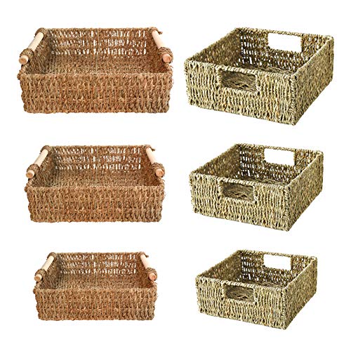 YIREAUD Water Hyacinth Storage Baskets,Hand-Woven Storage Baskets With Wooden Handles,Water Hyacinth Wicker Baskets for Organizing,Trapezoid Decorative Baskets