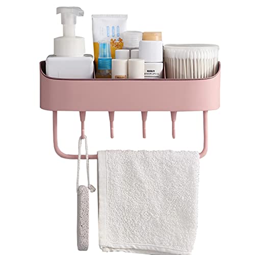 KUAW ,Shower Caddy, Self Adhesive Wall Mounted Shower Rack, Kitchen Hanging Tray Storage Rack, Shampoo Storage Basket Soap Rack With 4 Hooks And 1 Towel Rack, For Bathroom, Kitchen, No Drilling, Pink