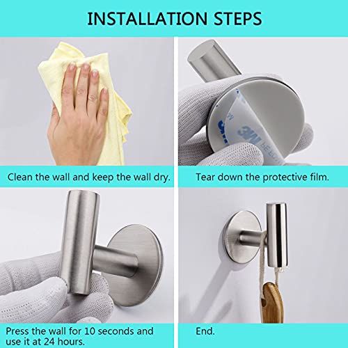 SHAREWIN Adhesive Towel Hooks Bathroom Wall Mounted Matte Black Hook 304 Stainless Steel Hanging Coat Rack Robe for Kitchen Bathroom Shower Home Door 2 Packs (Brushed Nickel Silver)