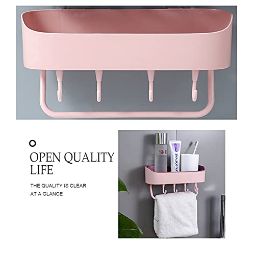 KUAW ,Shower Caddy, Self Adhesive Wall Mounted Shower Rack, Kitchen Hanging Tray Storage Rack, Shampoo Storage Basket Soap Rack With 4 Hooks And 1 Towel Rack, For Bathroom, Kitchen, No Drilling, Pink