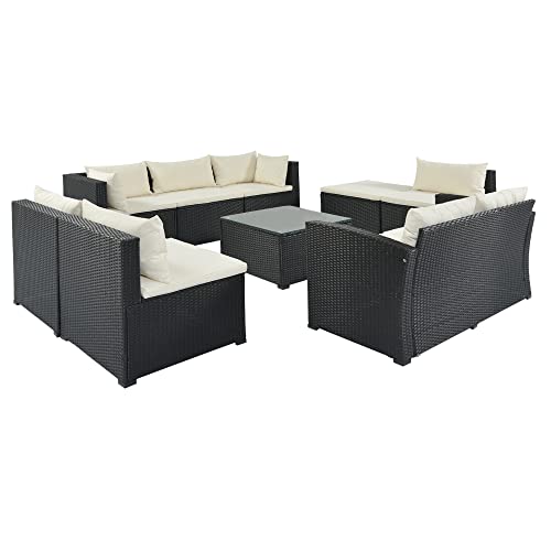 EPOFIT 9 Pieces Wicker Patio Furniture Sets, All-Weather Outdoor Sectional Couch, PE Rattan Patio Sofa Conversation Sets with Cushions and Glass Top Table, Black & Beige