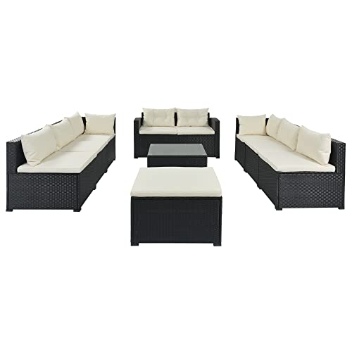 EPOFIT 9 Pieces Wicker Patio Furniture Sets, All-Weather Outdoor Sectional Couch, PE Rattan Patio Sofa Conversation Sets with Cushions and Glass Top Table, Black & Beige