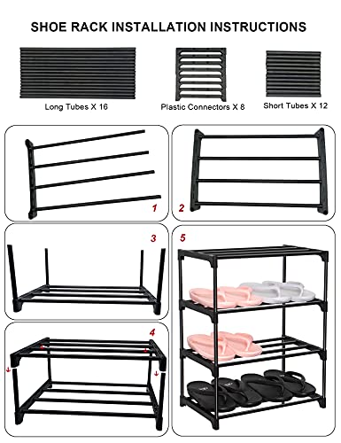LNYZQUS Upgrade 4-Tier Small Shoe Rack, Metal Stackable Kids Shoe Shelf Storage Shoe Stand Organizer for Closet Entryway Hallway,Zapateras Organizer for Shoes(Black)