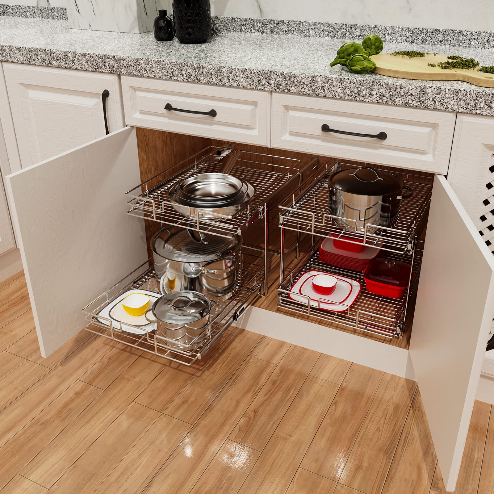 ROOMTEC Individual Pull Out Cabinet Organizer (22½"W x 21½"D), 2 Tier Spice Rack Organizer for Cabinet, Slide Out Drawer Pantry Shelf Organization and Storage for Kitchen Bathroom