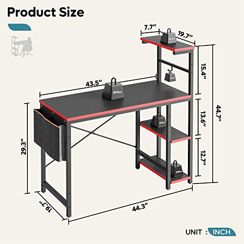 Bestier Gaming Desk with LED Lights, Computer Desk with 4 Tiers Shelves, 44 Inch Office Desk with Storage Bag & Printer Shelf (Black Carbon Fiber)