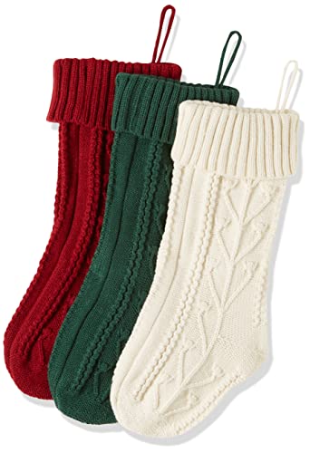 Bellivera Christmas Stockings 3 Pack Large Size Cable Knitted Xmas Stockings 18 inch Personalized Heart Red & White & Green Hanging Stockings Set for Christmas Decorations