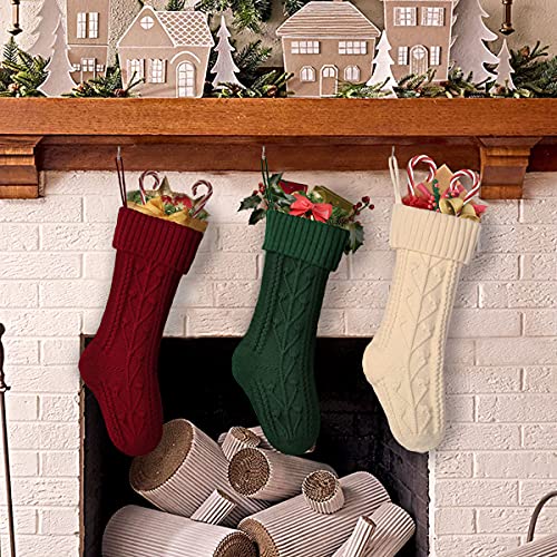 Bellivera Christmas Stockings 3 Pack Large Size Cable Knitted Xmas Stockings 18 inch Personalized Heart Red & White & Green Hanging Stockings Set for Christmas Decorations