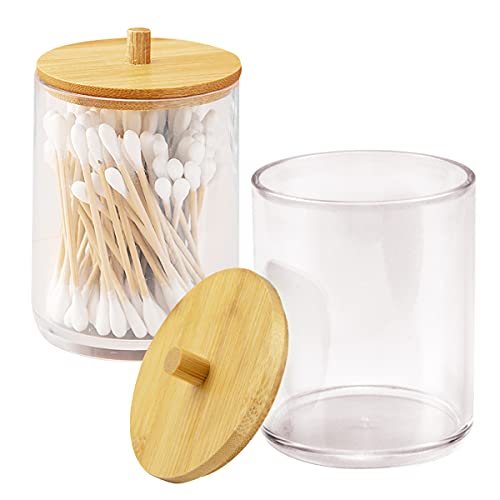 Beautytang 2 Pack Acrylic Qtip Holder with Bamboo Lid, Clear Bathroom Countertop Storage Organizer Canister, Round Storage Container for Cotton Balls,Swabs,Pads,Bath Salts