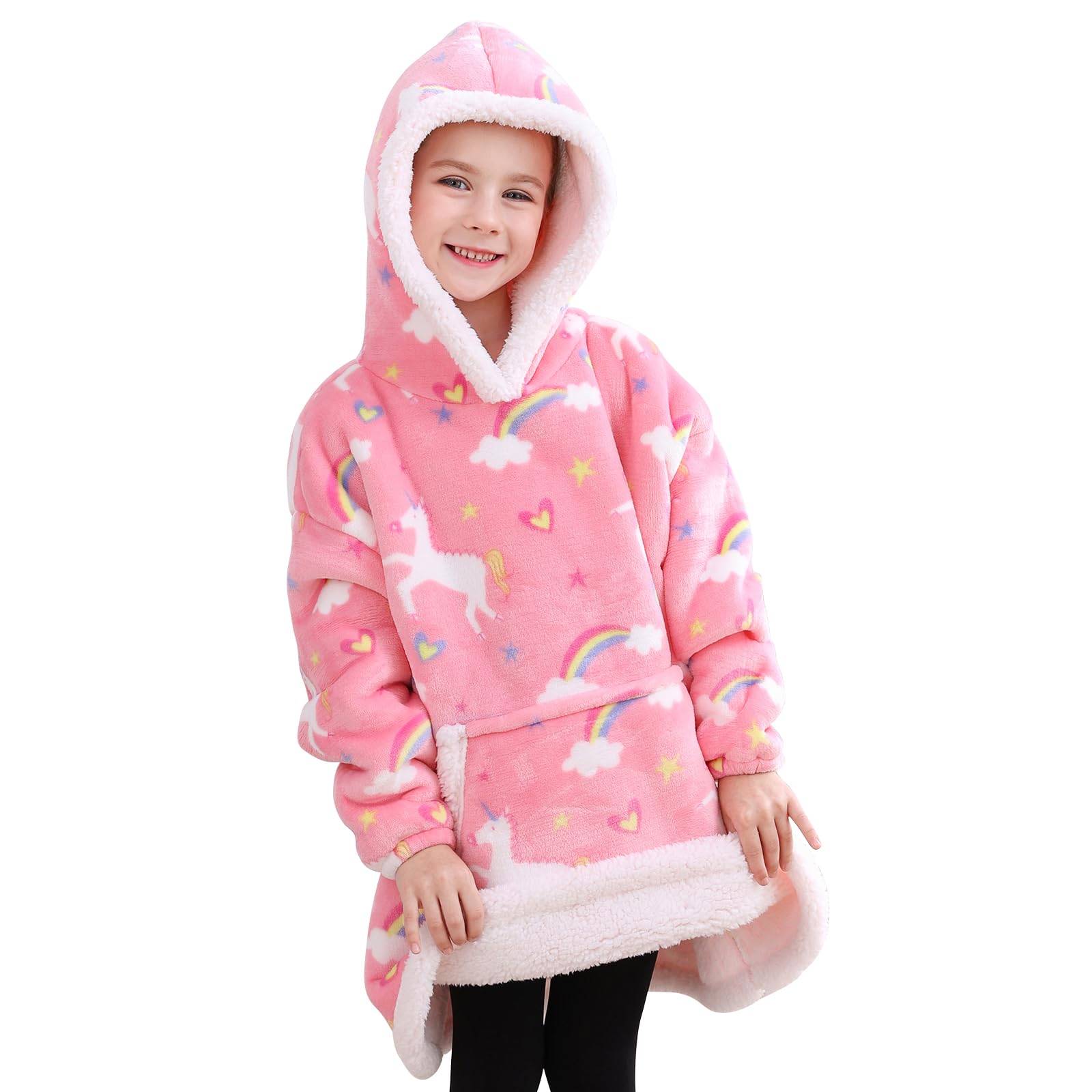 Wearable Blanket Hoodie for Kids, Super Warm and Soft Sherpa Flannel Sweatshirt Blanket with Giant Pocket, Hooded Blanket for 2-6 Year Old Girls Gifts, Pink Unicorn
