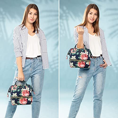LOVEVOOK Lunch Bags for Women Insulated Lunch Box Cooler Tote Bag with Removable Shoulder Strap, Wide-Open Lunch Organizer Box(Blue Rose)