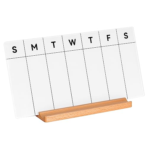 TORASO Desktop Glass Weekly Whiteboard, 12"x6" Dry Erase Calendar with Detachalble Solid Wood Stand, Planner Board for Office, Home, School(Glass,Weekly-WH)